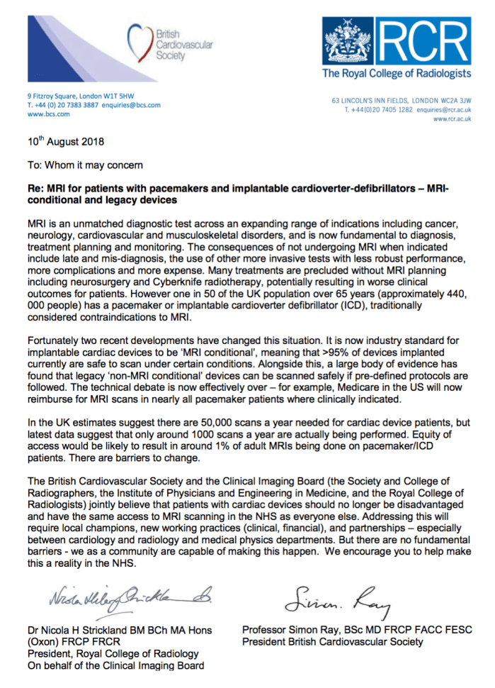 Its safe to MRI pacemaker patients- RCR/BCS joint statement ...